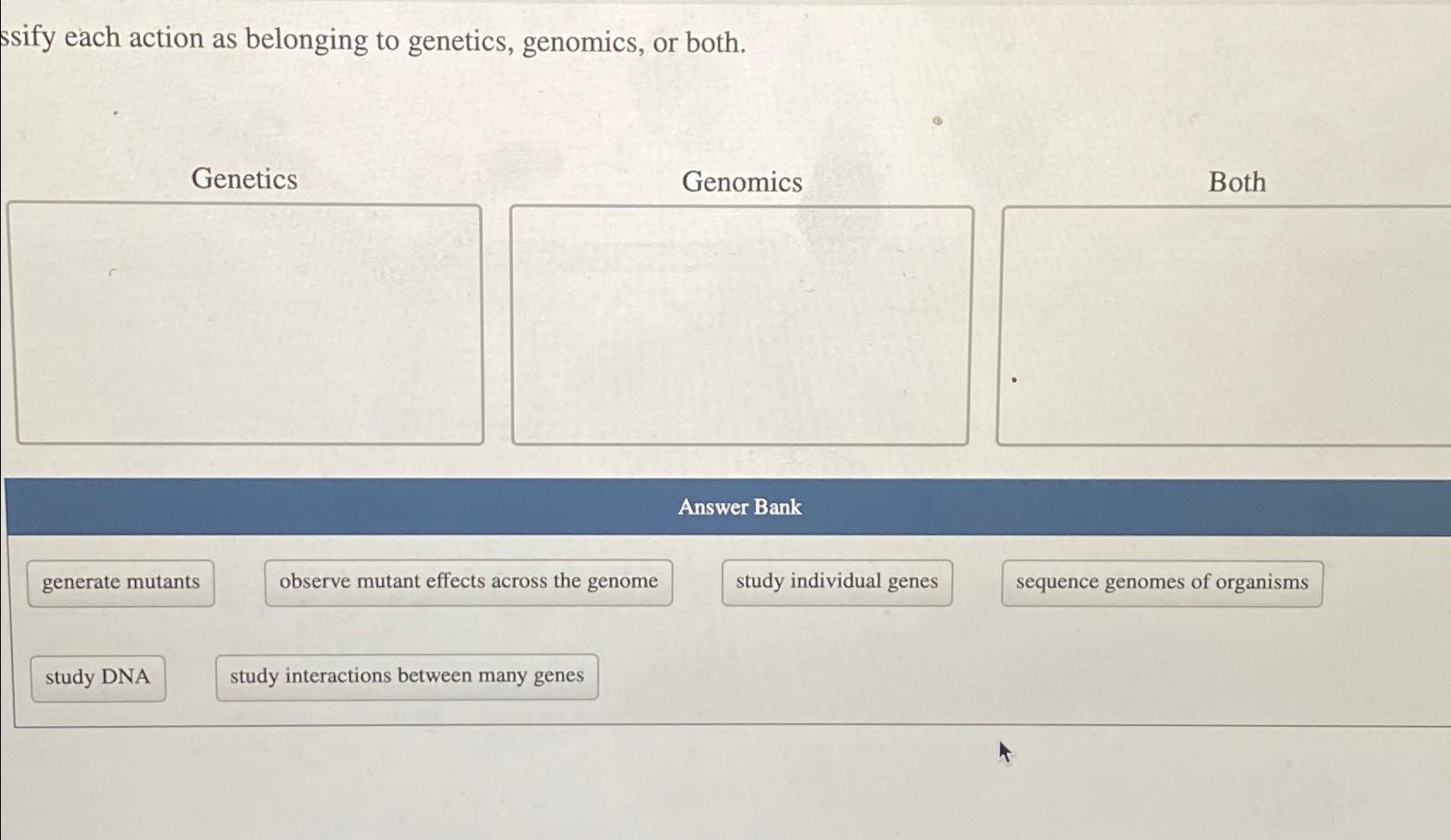 Solved ssify each action as belonging to genetics, genomics, | Chegg.com