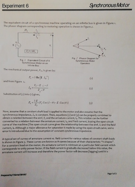 Experiment 6 Synchronous Motor The equivalent circuit | Chegg.com