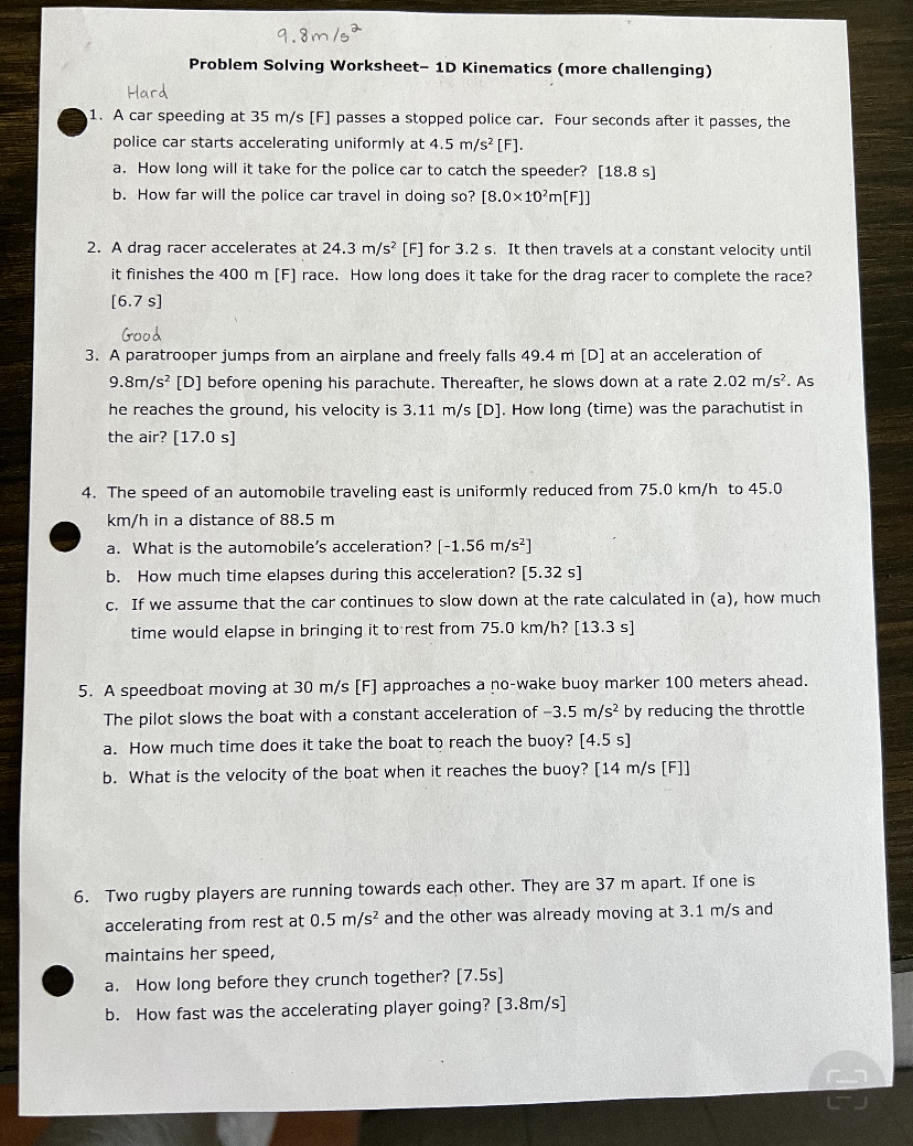 Solved 9.8ms2Problem Solving Worksheet- 1D Kinematics (more | Chegg.com