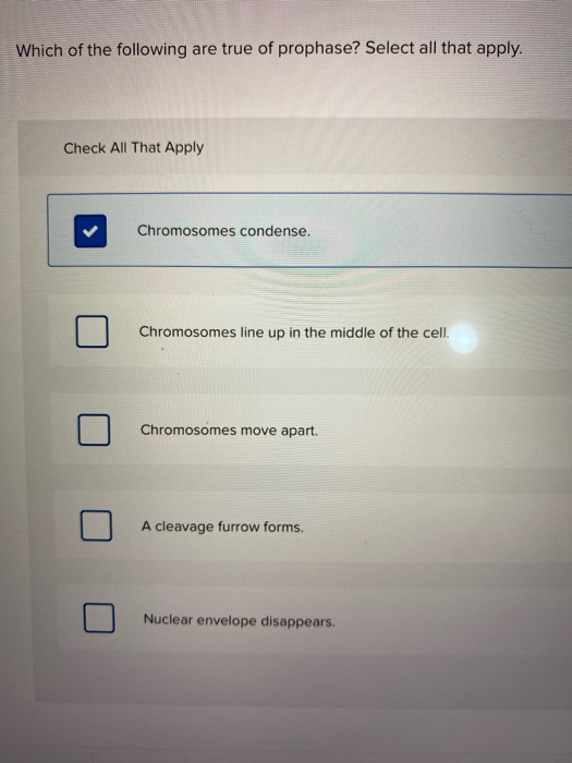 Solved Which of the following are true of prophase? Select | Chegg.com