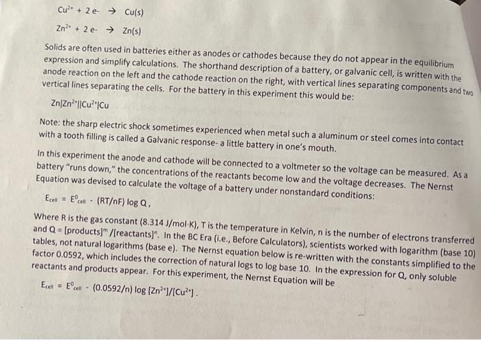 Experiment 11: Electrochemical Cells introduction | Chegg.com