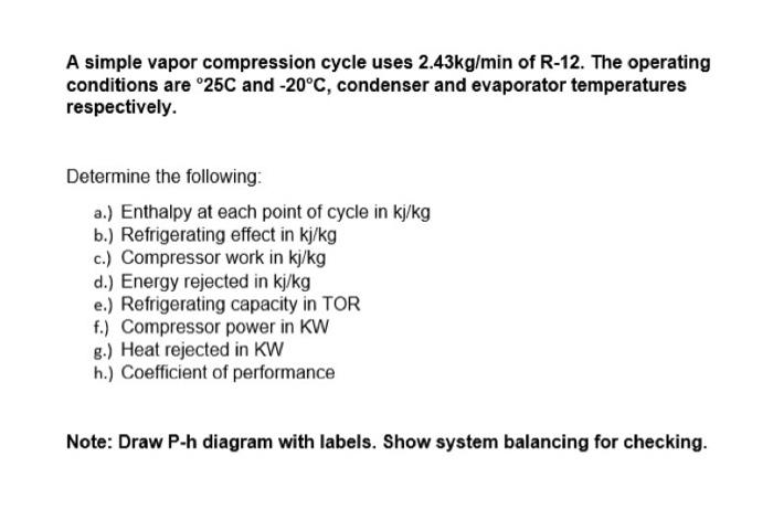 Solved A simple vapor compression cycle uses 2.43 kg/min of | Chegg.com