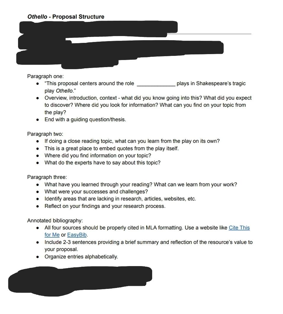 Solved Othello - ﻿Proposal Structure Paragraph one:"This | Chegg.com