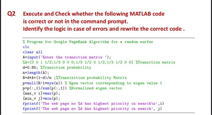 Solved Q1 Write a MATLAB code to find the transition matrix | Chegg.com
