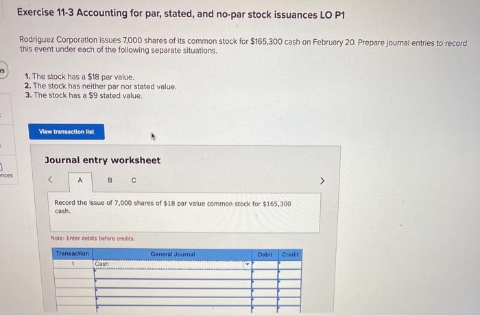 Solved Exercise 11-3 Accounting for par, stated, and no-par | Chegg.com