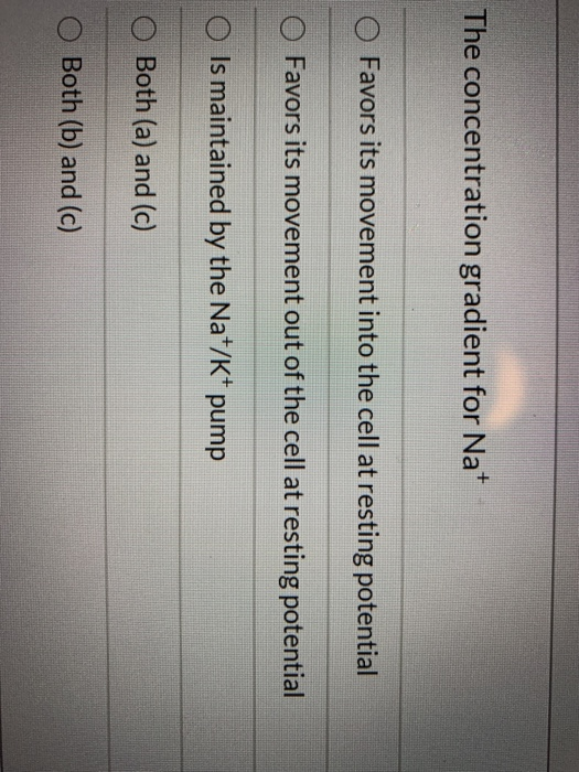 Solved The concentration gradient for Na+ Favors its | Chegg.com