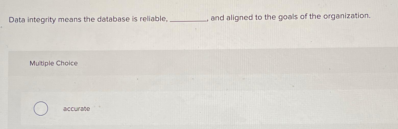 Solved Data integrity means the database is reliable, and | Chegg.com
