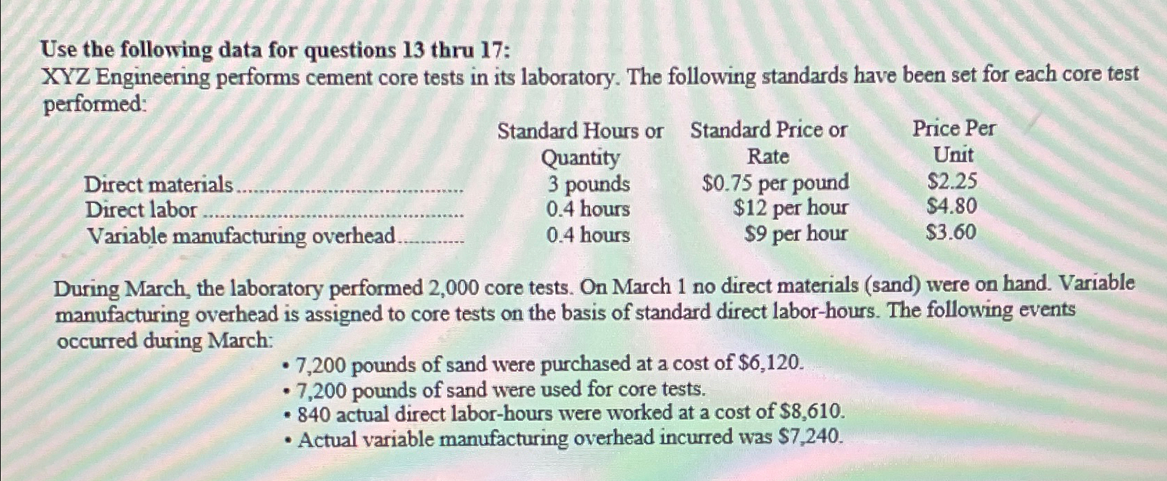 Solved Use the following data for questions 13 ﻿thru 17:XYZ | Chegg.com