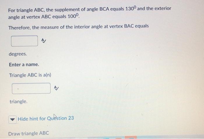 Solved For triangle ABC, the supplement of angle BCA equals | Chegg.com