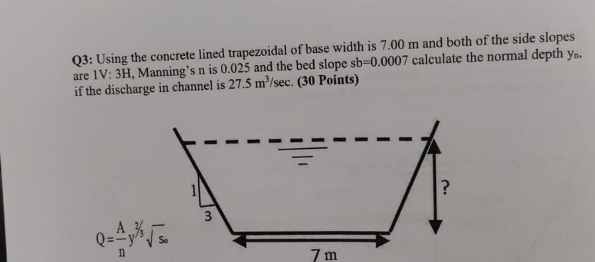 Solved Q3: Using the concrete lined trapezoidal of base | Chegg.com