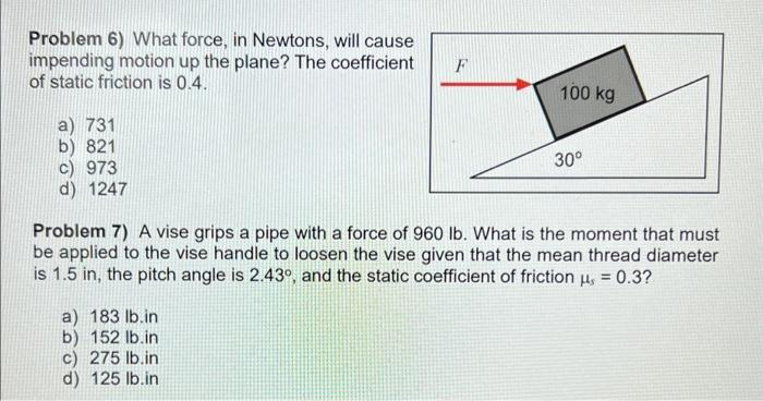 Solved Problem 6) What force, in Newtons, will cause | Chegg.com