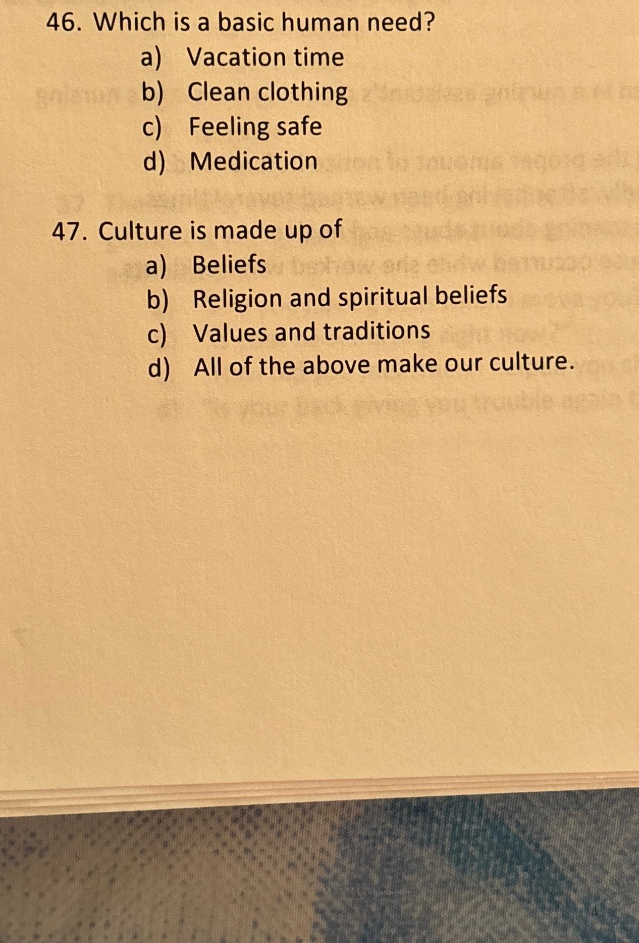 Solved Which is a basic human need?a) ﻿Vacation timeb) | Chegg.com