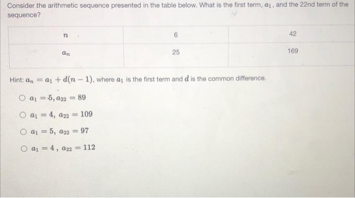 Solved Consider the arithmetic sequence presented in the | Chegg.com