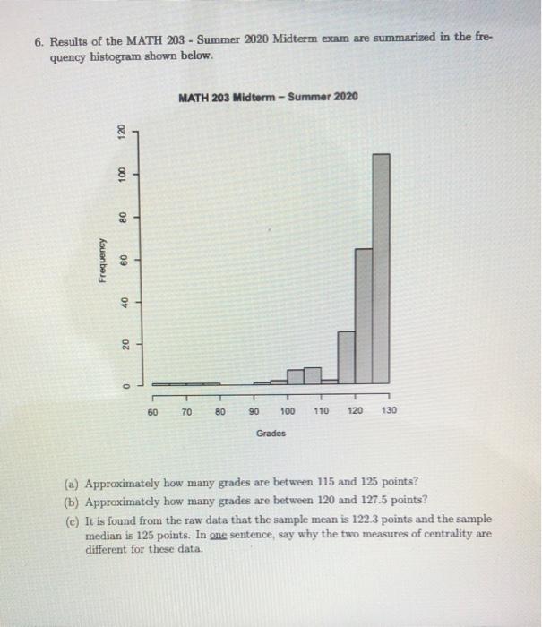 Solved 6. Results of the MATH 203 - Summer 2020 Midterm exam | Chegg.com