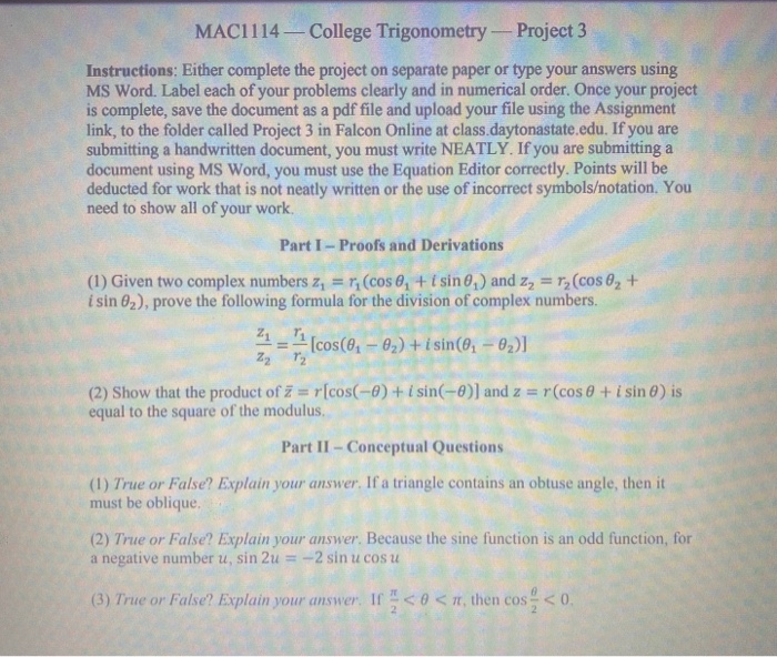 Solved MAC1114 - College Trigonometry - Project 3 | Chegg.com