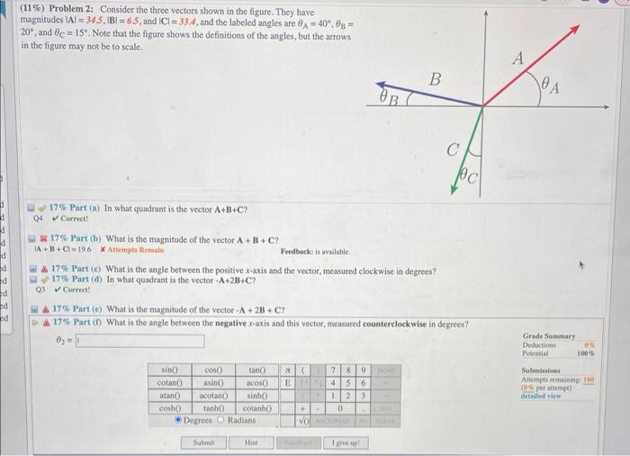 Solved (11\%) Problem 2: Consider the three vectors shown in | Chegg.com