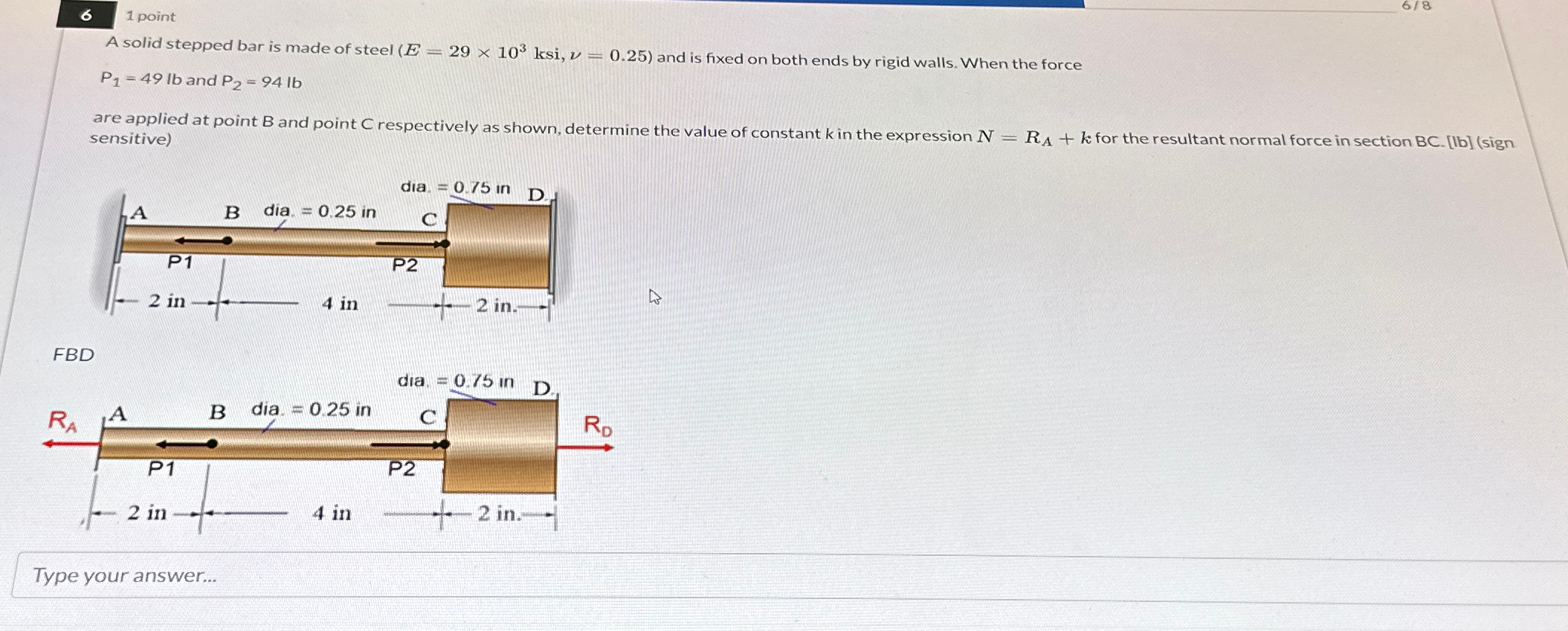 Solved 6\\n1 point\\n(6)/(8)\\nA solid stepped bar is made | Chegg.com