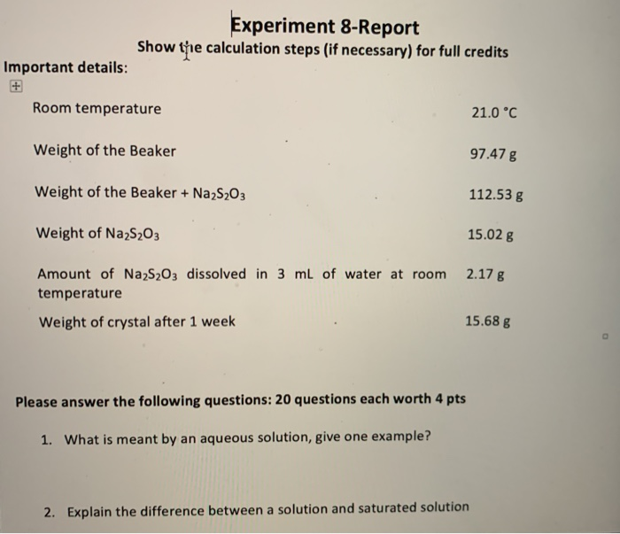 Solved Experiment 8-Report Show the calculation steps (if | Chegg.com