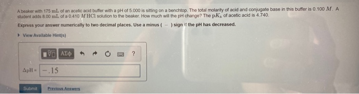 Solved A beaker with 175 mL of an acetic acid buffer with a | Chegg.com