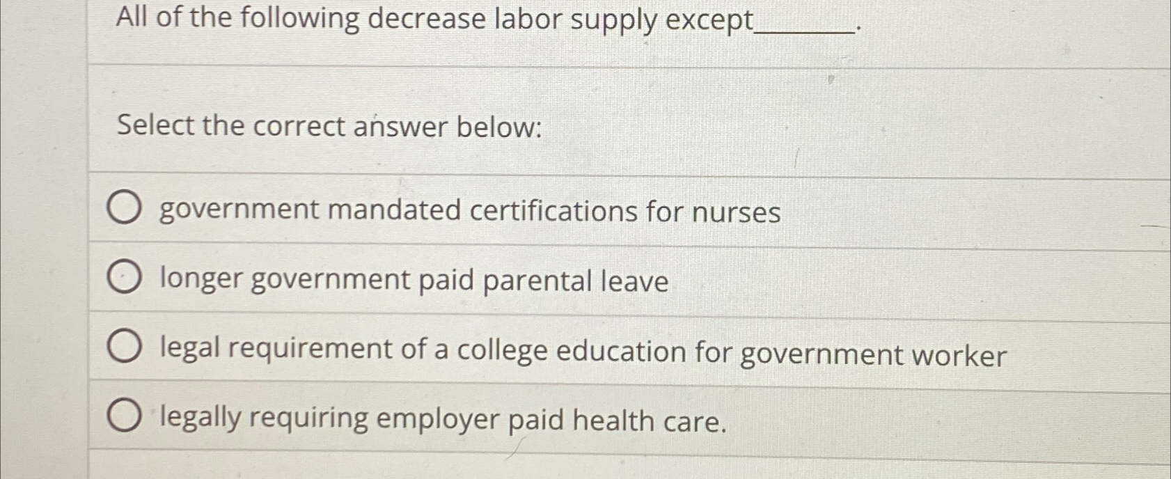 Solved All of the following decrease labor supply | Chegg.com