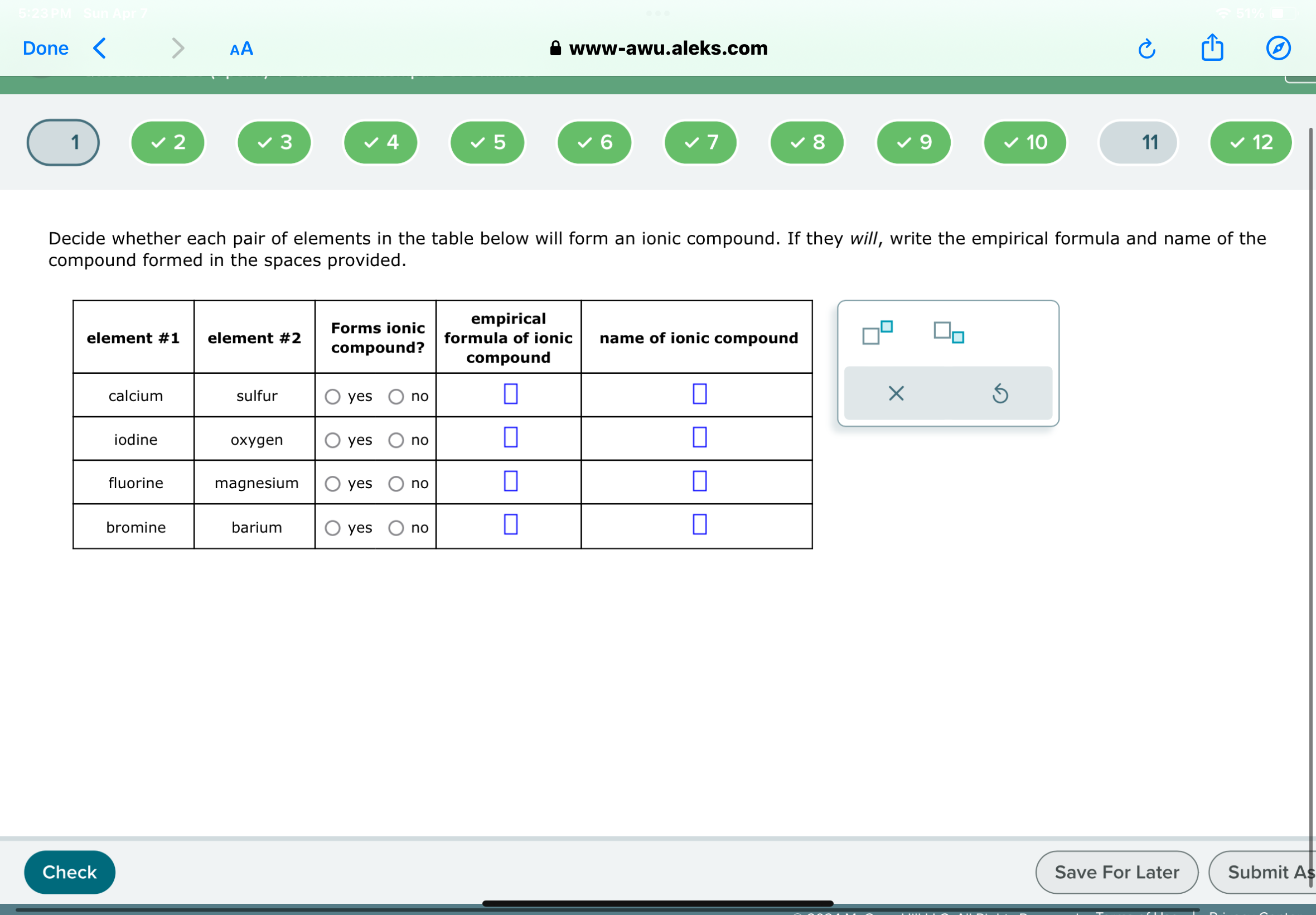 Solved Decide whether each pair of elements in the table | Chegg.com