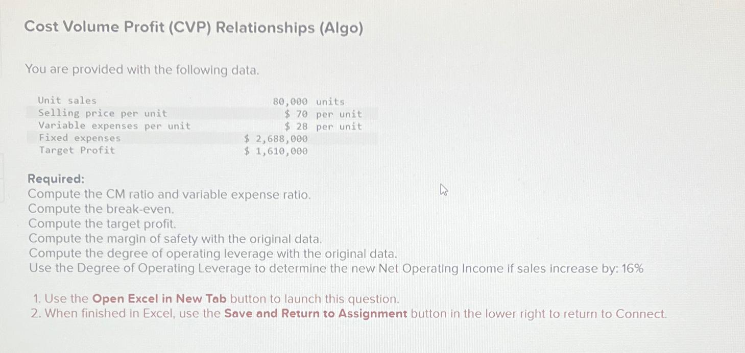 Solved Cost Volume Profit (CVP) ﻿Relationships (Algo)You are | Chegg.com