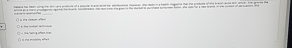 Solved scenario exemplifie:a. ﻿the sleeper effectb. ﻿the | Chegg.com
