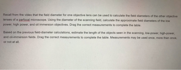 Solved Recall from the video that the field diameter for one | Chegg.com