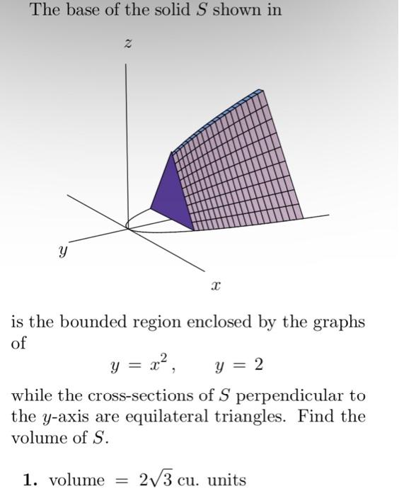 Solved The base of the solid S shown in is the bounded | Chegg.com
