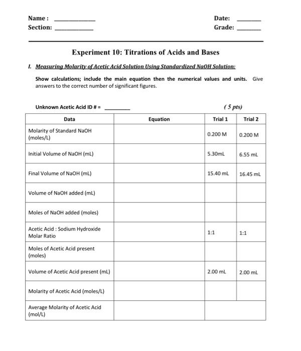 Solved Name : Section: Date: Grade: Experiment 10: | Chegg.com
