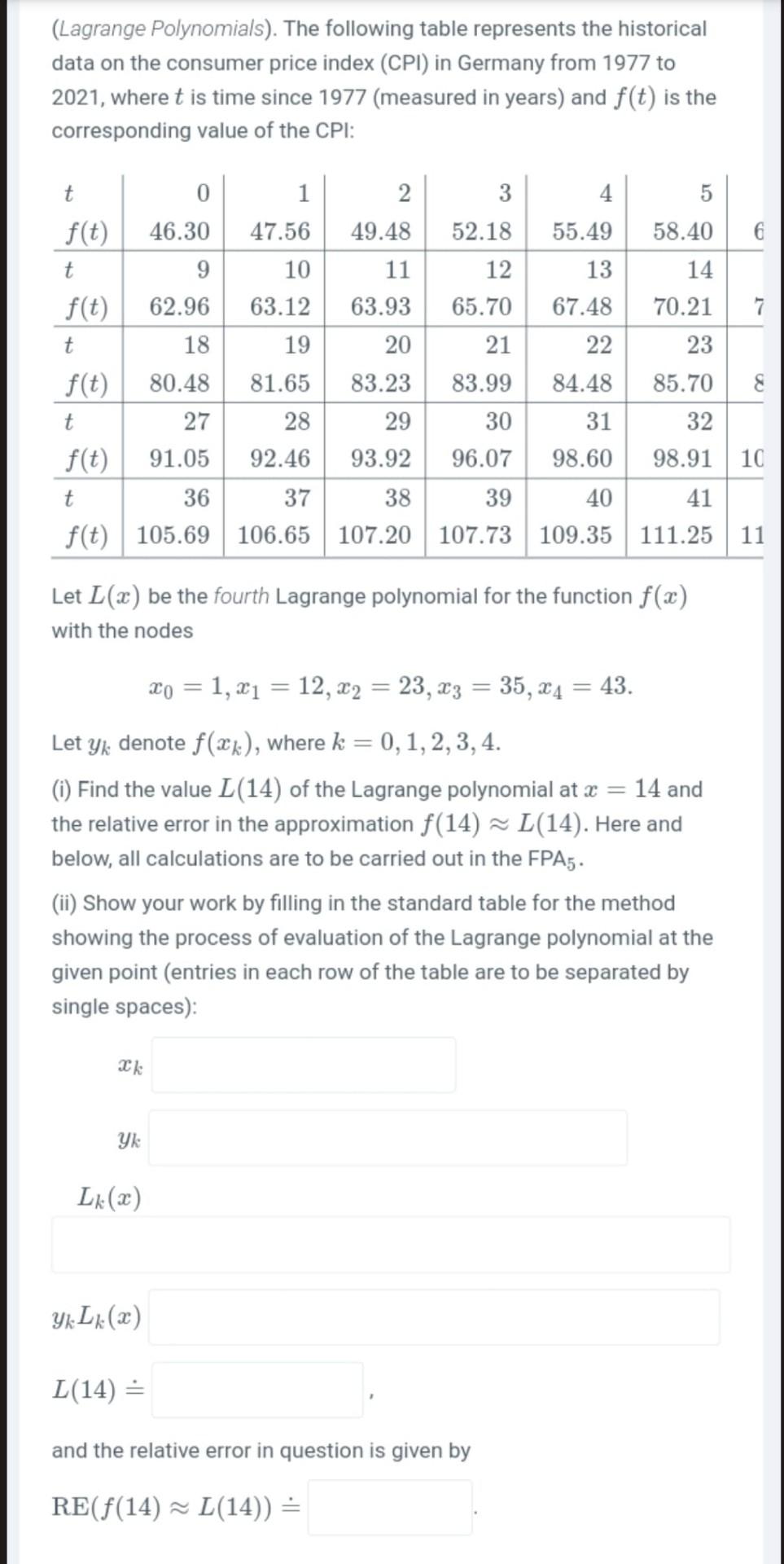(Lagrange Polynomials). The following table | Chegg.com