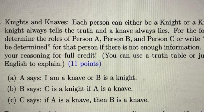 Solved Knights and Knaves: Each person can either be a | Chegg.com