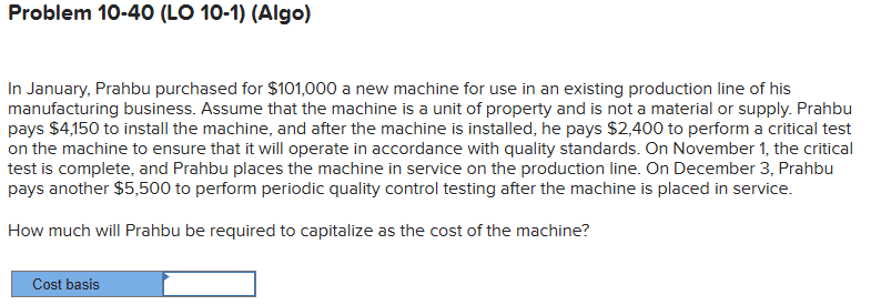 Solved Problem 10-40 (LO 10-1) (Algo)In January, Prahbu | Chegg.com