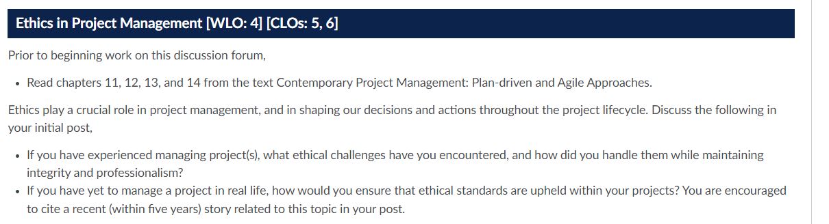 Solved Ethics in Project Management [WLO: 4] [CLOs: | Chegg.com