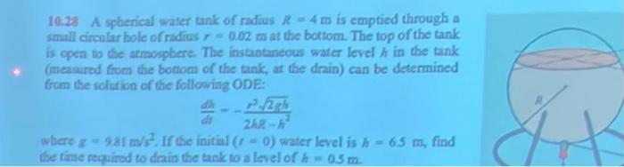 Solved 10.28 A spberical water tank of radius R=4 m is | Chegg.com