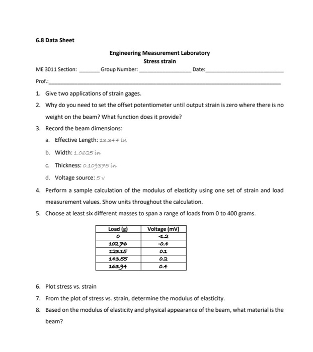 Solved 6.8 Data Sheet Engineering Measurement Laboratory | Chegg.com