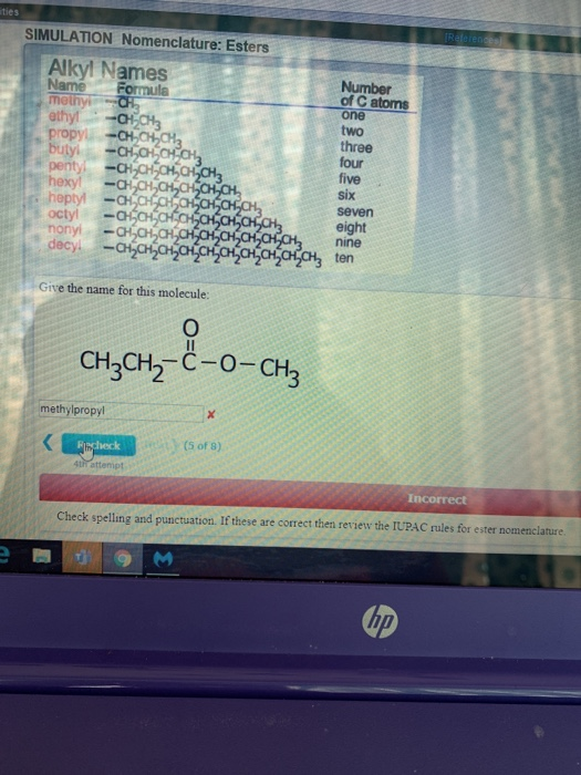 Solved SIMULATION Nomenclature: Esters Alkyl Names Number | Chegg.com