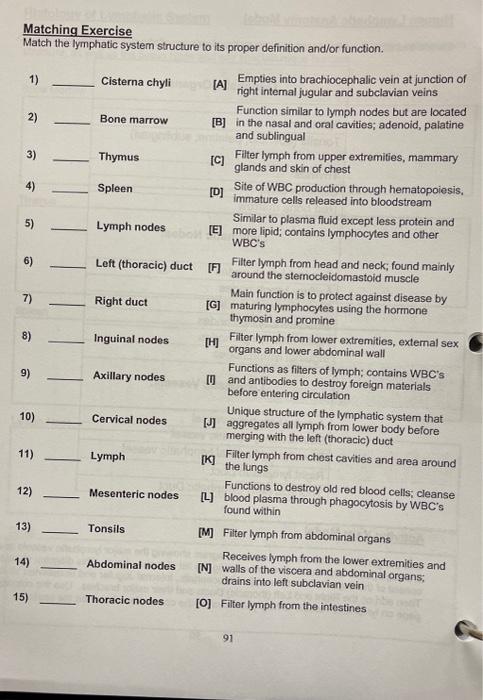 Matching Exercise Match the lymphatic system | Chegg.com