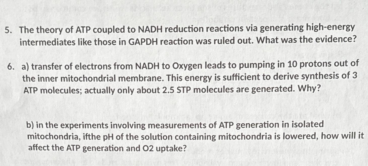Solved The theory of ATP coupled to NADH reduction reactions | Chegg.com