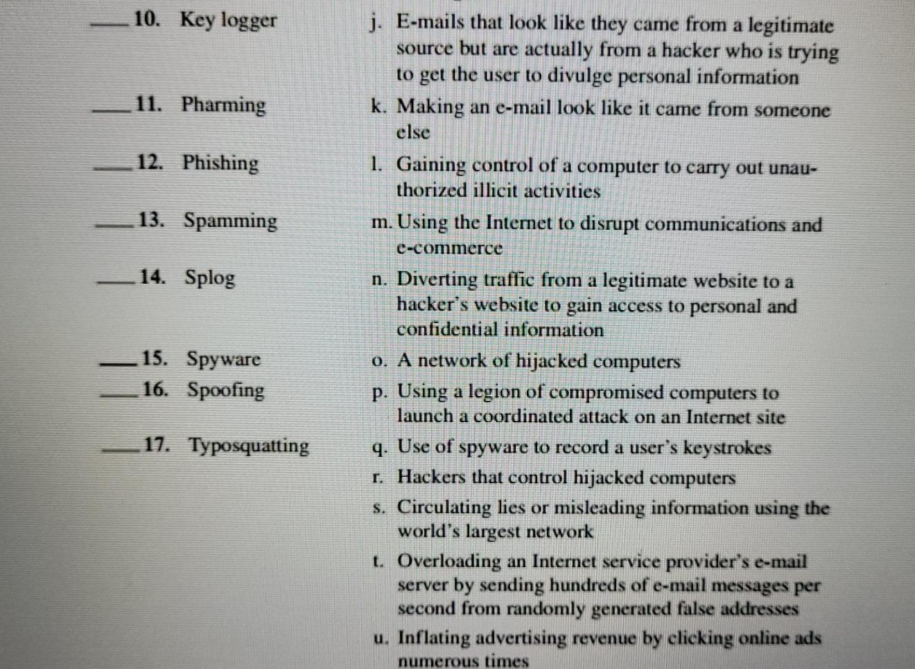 Solved Computer Fraud and Abuse Techniques. Match the | Chegg.com