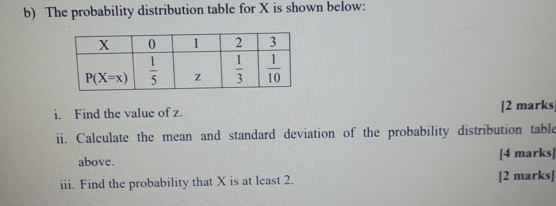 Solved b) The probability distribution table for X is shown | Chegg.com