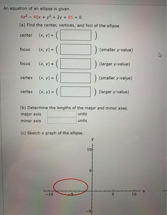 Solved An equation of an ellipse is given. 4x2 - 40x + y2 + | Chegg.com