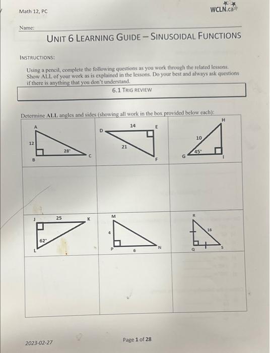 Solved Math 12, PC Name: INSTRUCTIONS: Using a pencil, | Chegg.com