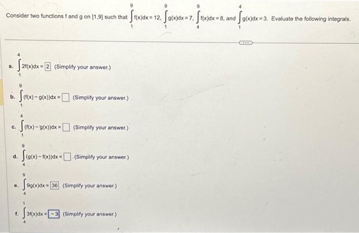 Solved Consider two functions f and g on [1,9] such that | Chegg.com