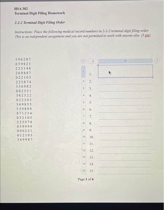 Solved HSA 302 Terminal Digit Filing Homework 2-2-2 Terminal | Chegg.com