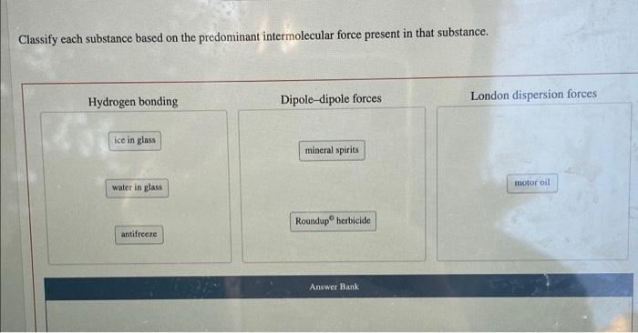 Classify each substance based on the predominant | Chegg.com