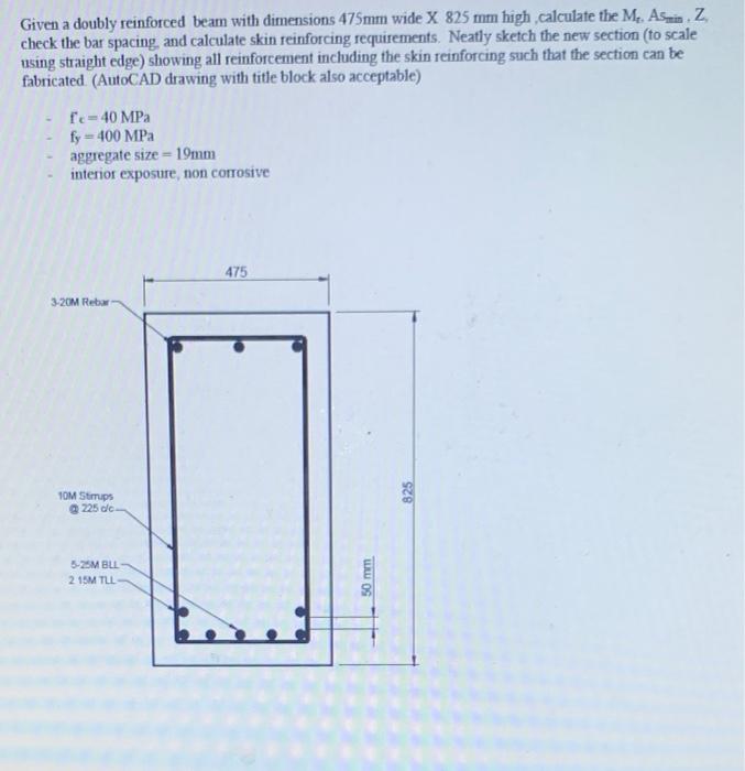 Solved Given a doubly reinforced beam with dimensions 475mm | Chegg.com