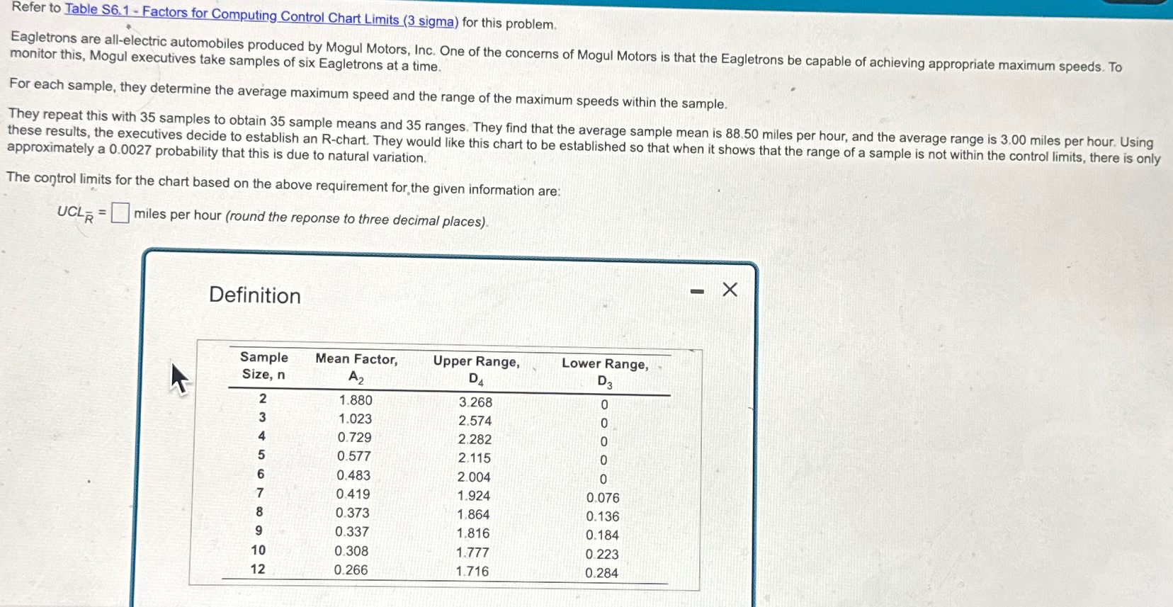 Solved Refer to Table S6.1 - ﻿Factors for Computing Control | Chegg.com