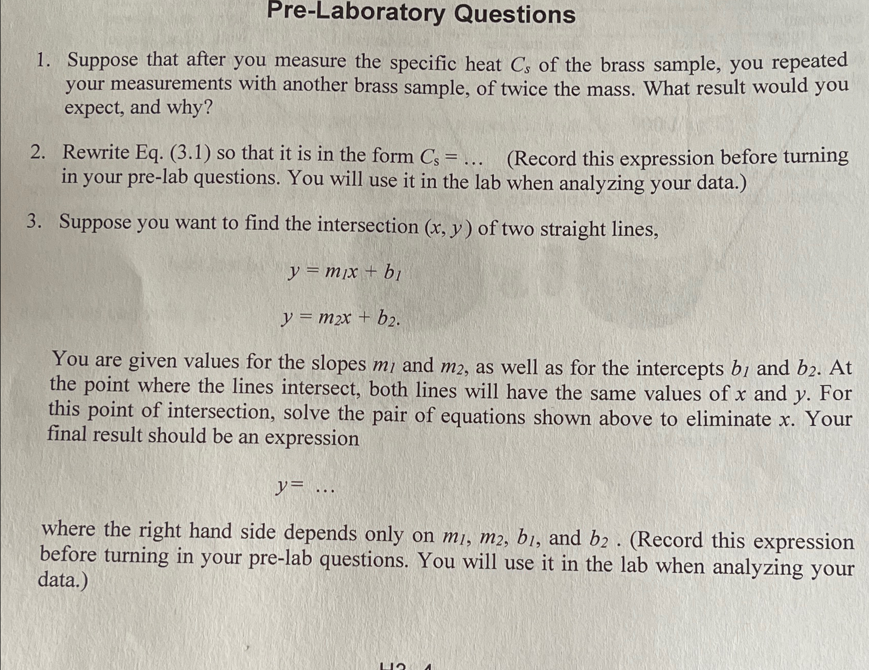 Solved Pre-Laboratory QuestionsSuppose that after you | Chegg.com