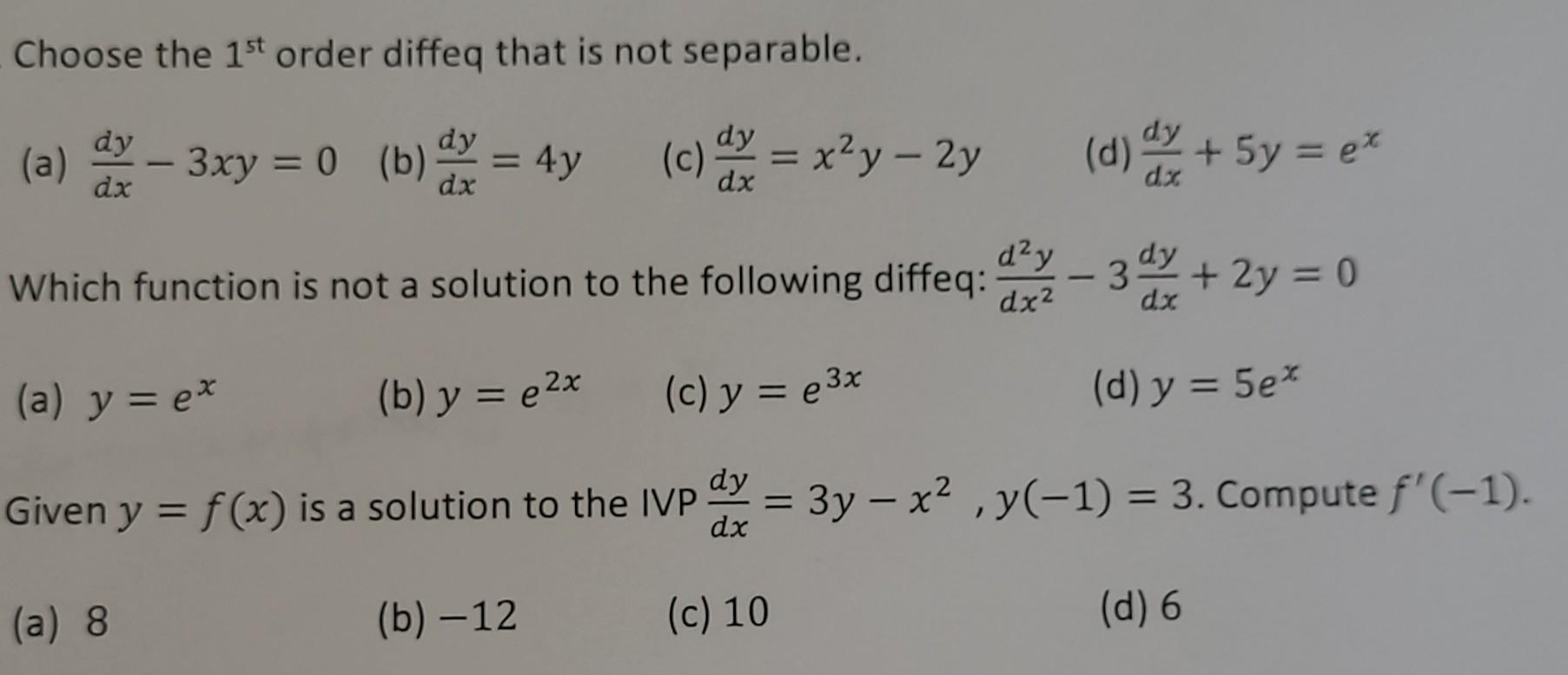Solved Choose the 1st order diffeq that is not separable. | Chegg.com